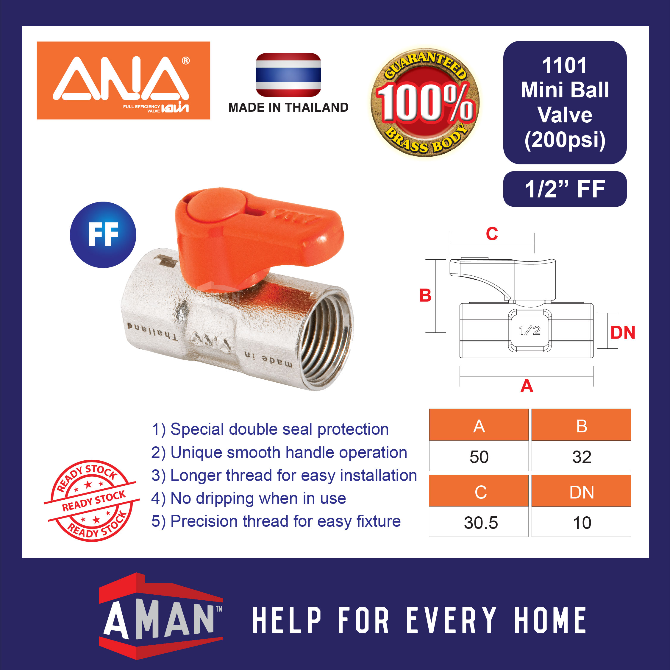 ANA Mini Ball Valve Aluminium Handle Ball Cock Stopcock Faucet Water ...