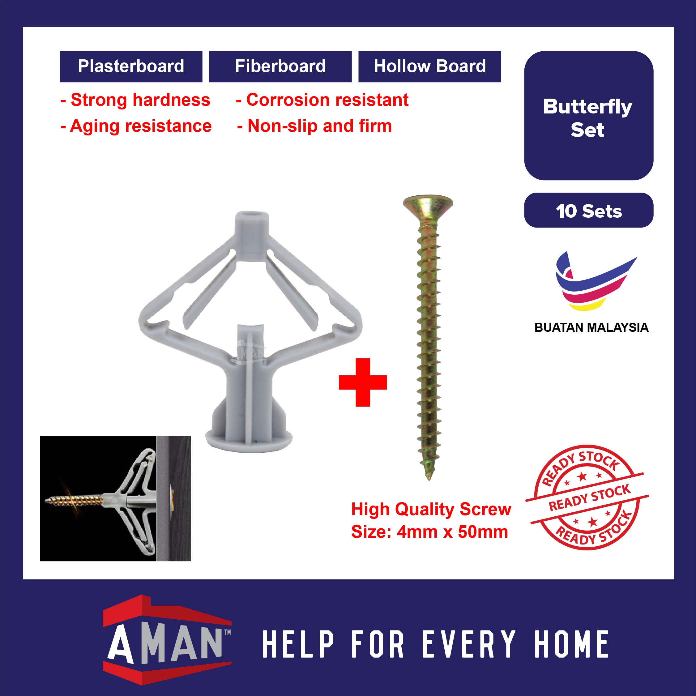 Nylon Butterfly Aircraft Aeroplane Clip Drywall Anchor Kit Partition ...