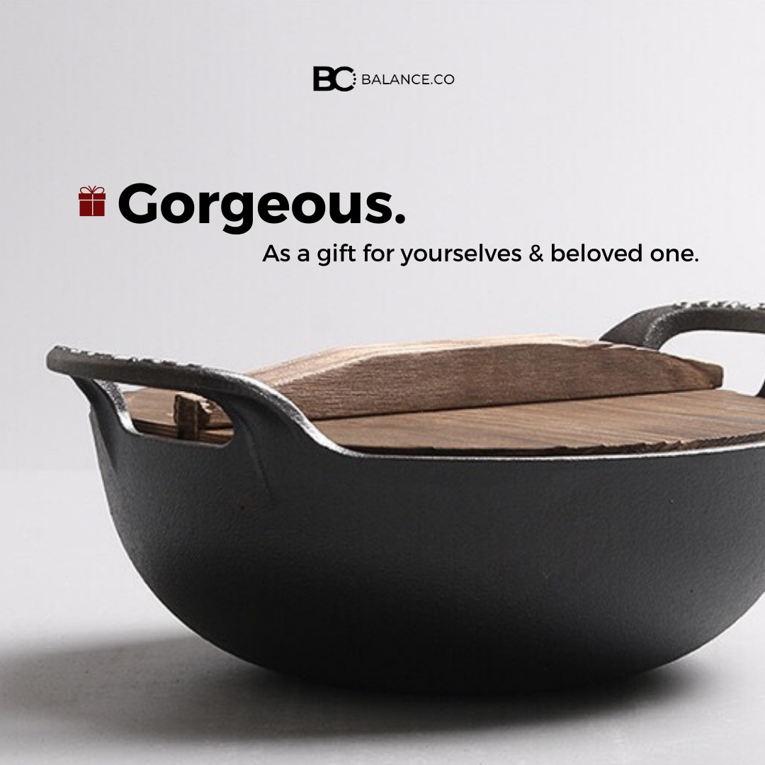 Balance.co Pure Cast Iron Ingot Wok with Wooden Lid Uncoated, Non-Stick ...
