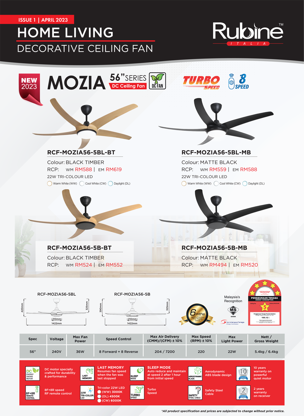 Rubine MOZIA Series Remote Control DC Ceiling Fan / 56 Inch / 5 Blades / Tri-Color 22W LED ...