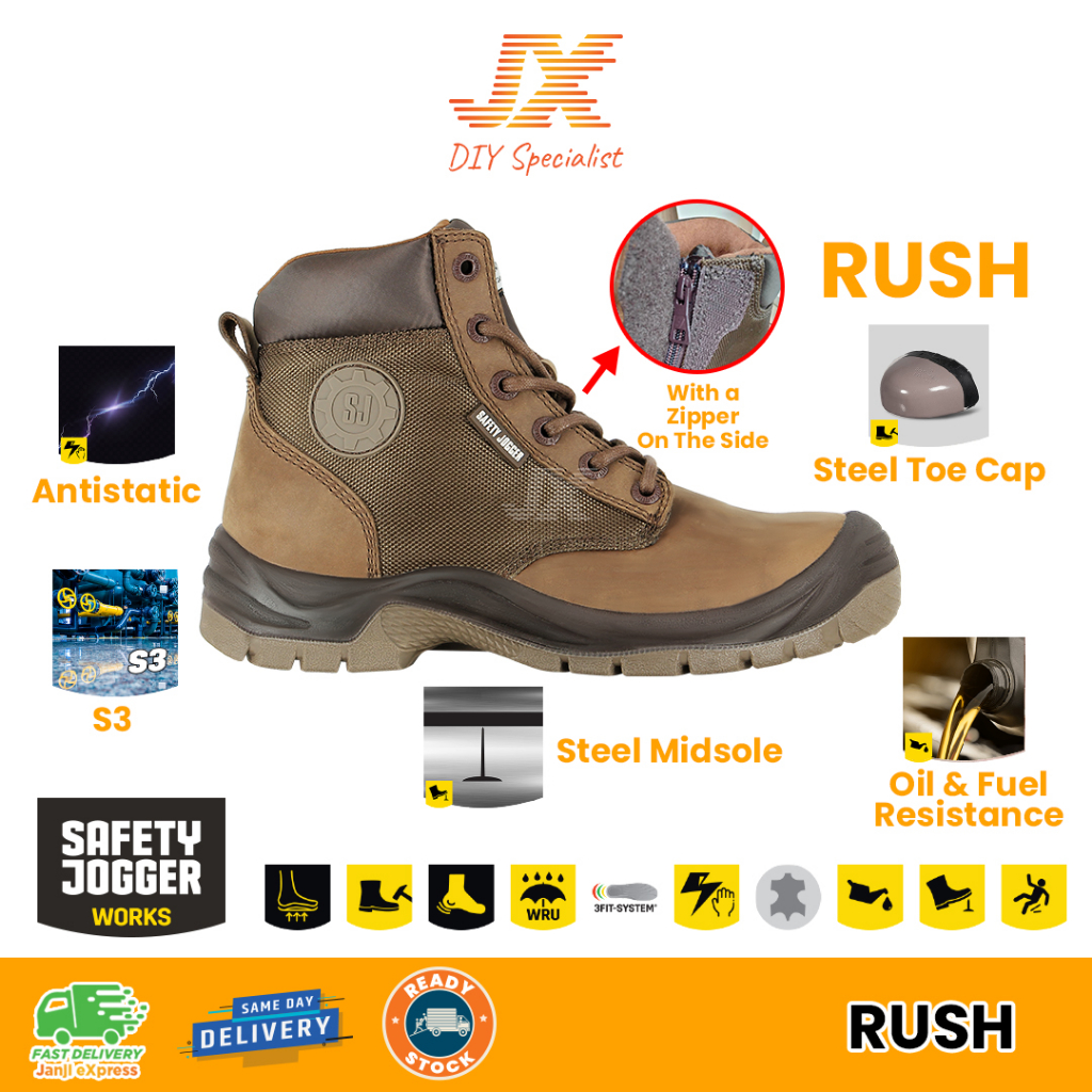 Safety Jogger Safety Shoes RUSH Safety Shoes with Zip Brown Middle Cut ...