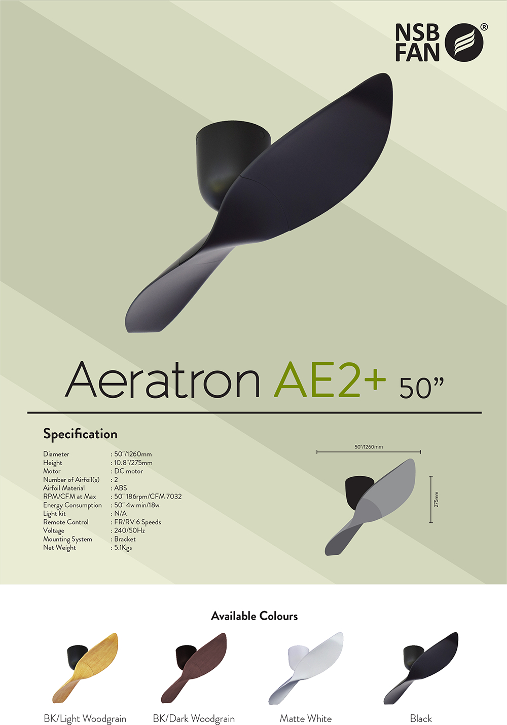 NSB Aeratron AE2+ (Matte White) 50 Inch DC Motor with Remote Control ...