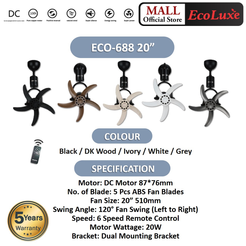 EcoLuxe ECO-688 Mini Fan DC Motor with 6 Speeds Remote Control Ceiling ...