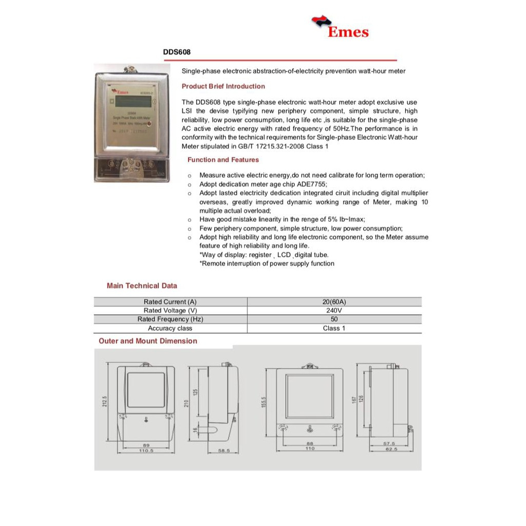 EMES DDS608 Single Phase 10(60)A KWH Meter Kilowatt Hour Meter (Digital ...