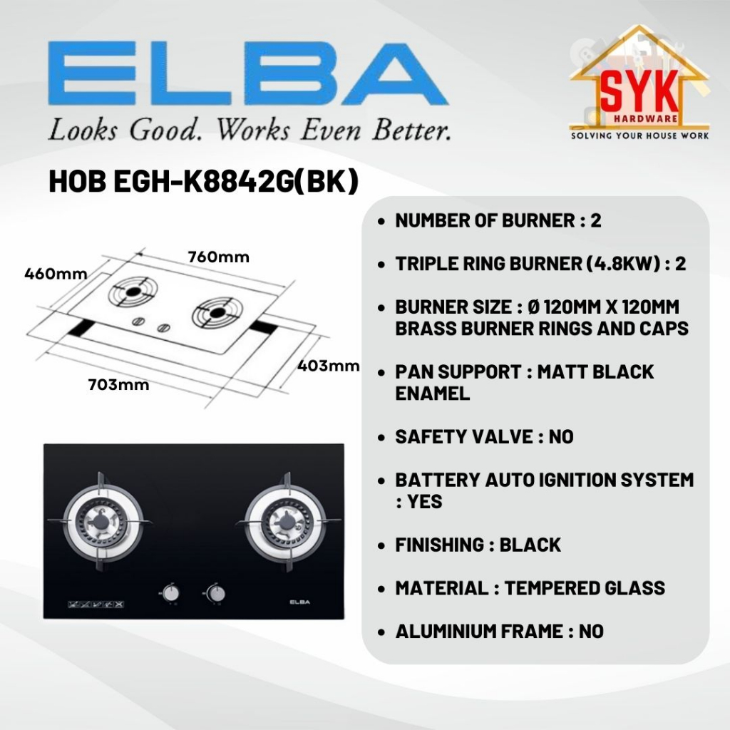 SYK ELBA Kitchen Hood EH-R9033(BK) and Hob EGH-F8582GX(BK) Cooktops ...