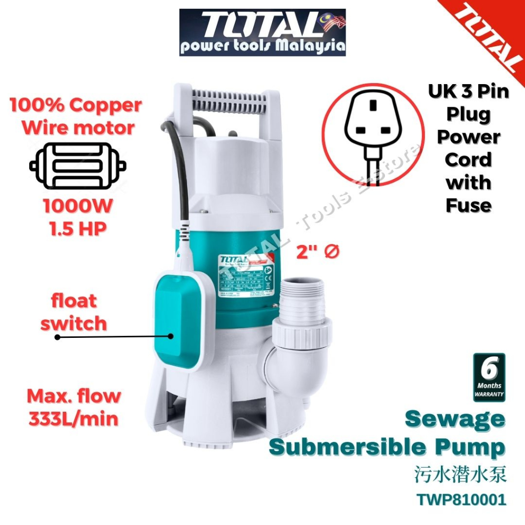 TOTAL Submersible Sewage Water Pump 2''⌀ 1000W, 1.5HP ( 100% Copper ...