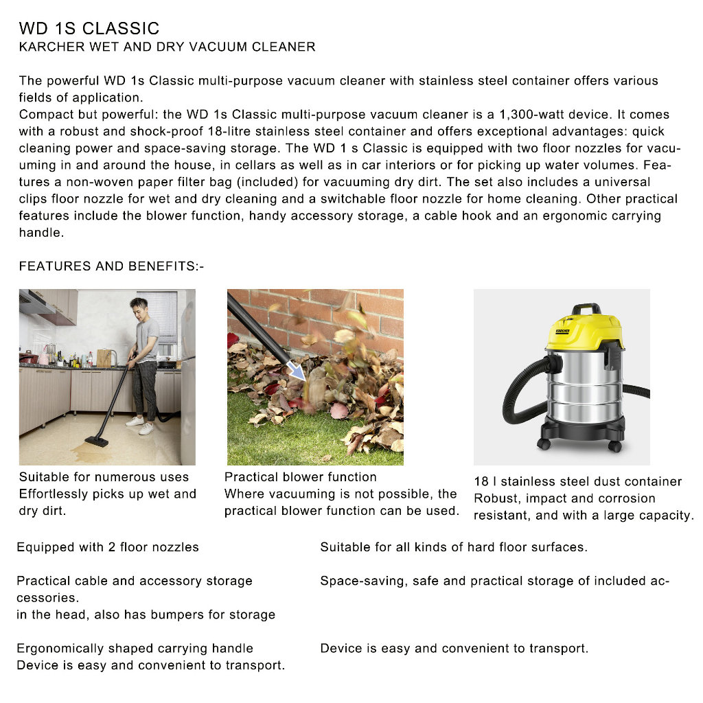KARCHER WD1 CLASSIC (PLASTIC TANK) / WD1S CLASSIC (STAINLESS STEEL ...