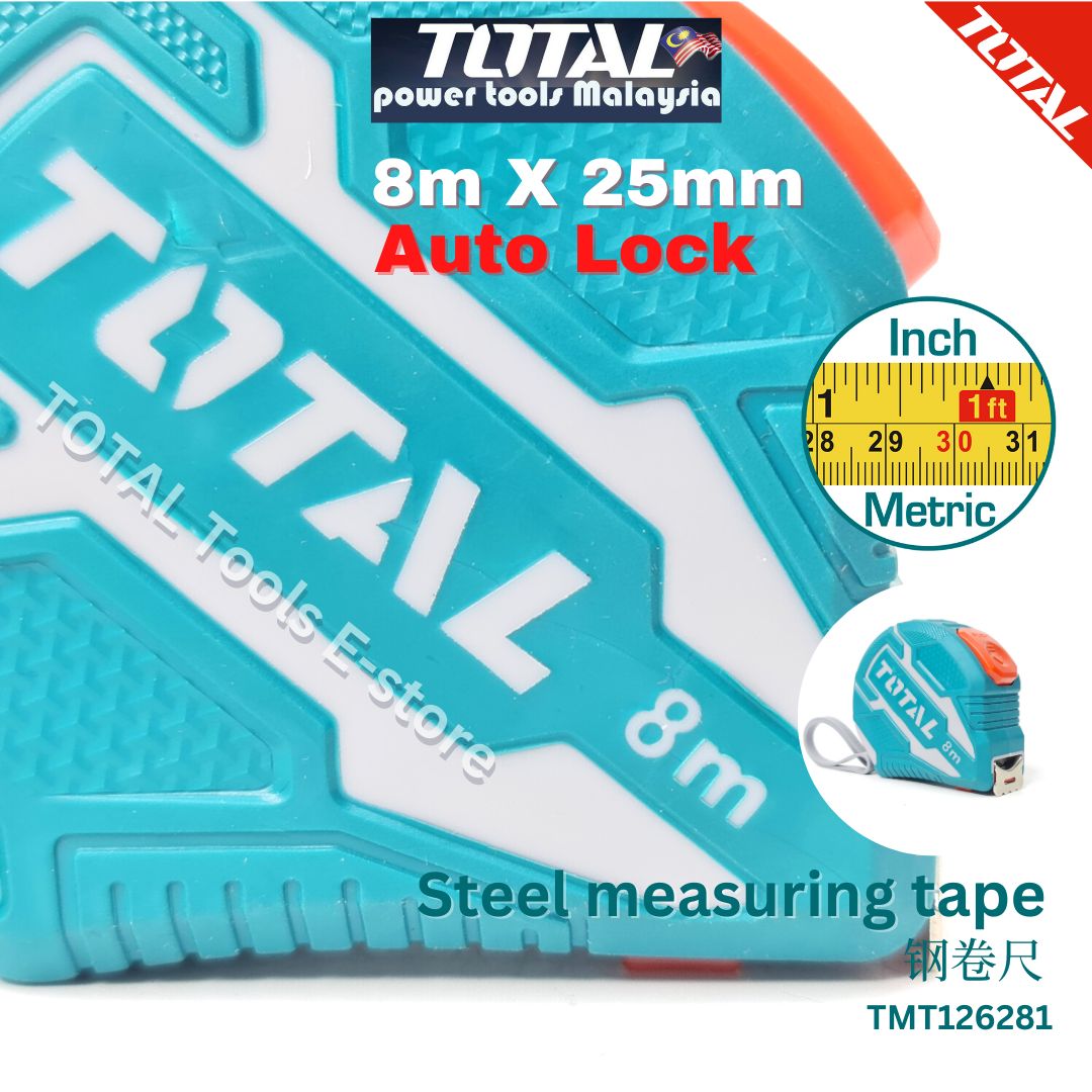 TOTAL Auto Lock function Steel measuring tape 8m x 25mm 钢卷尺 - TMT126281 ...