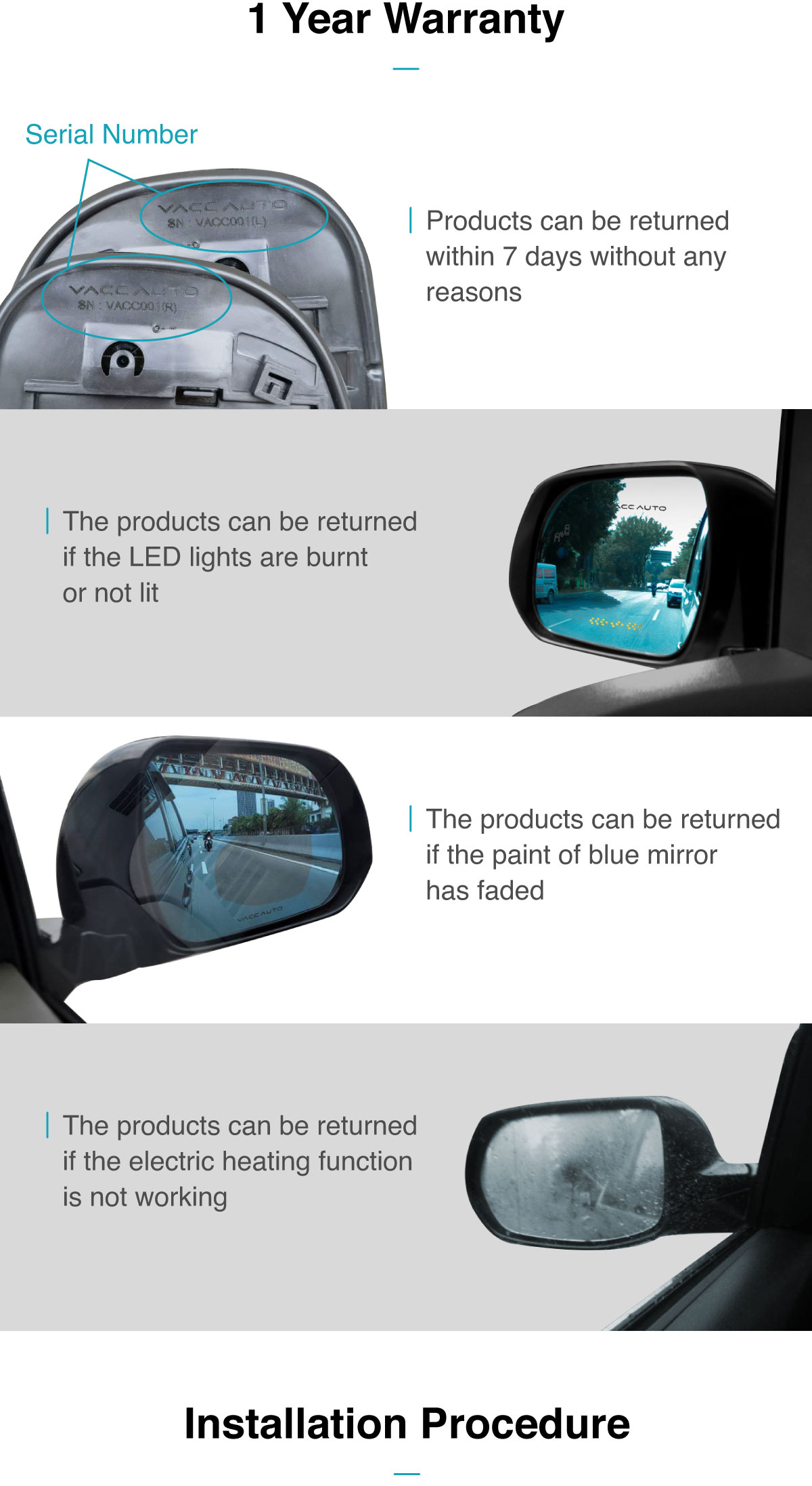 VACC AUTO BSM Blue Mirror with LED Signal Lamp Side Rearview Len For ...