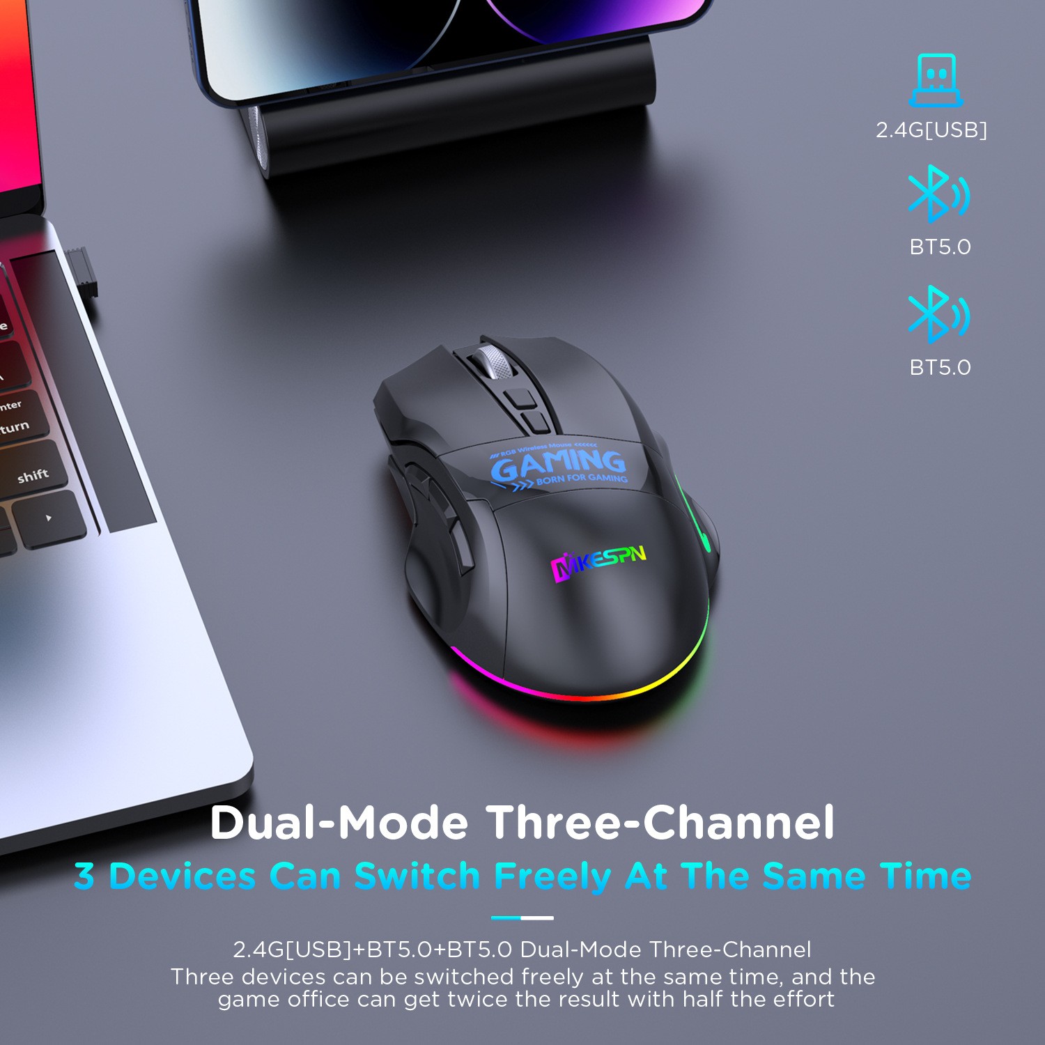 RGB Wireless Mouse Bluetooth Mice W10 Mouse 2400DPI LED Gaming ...