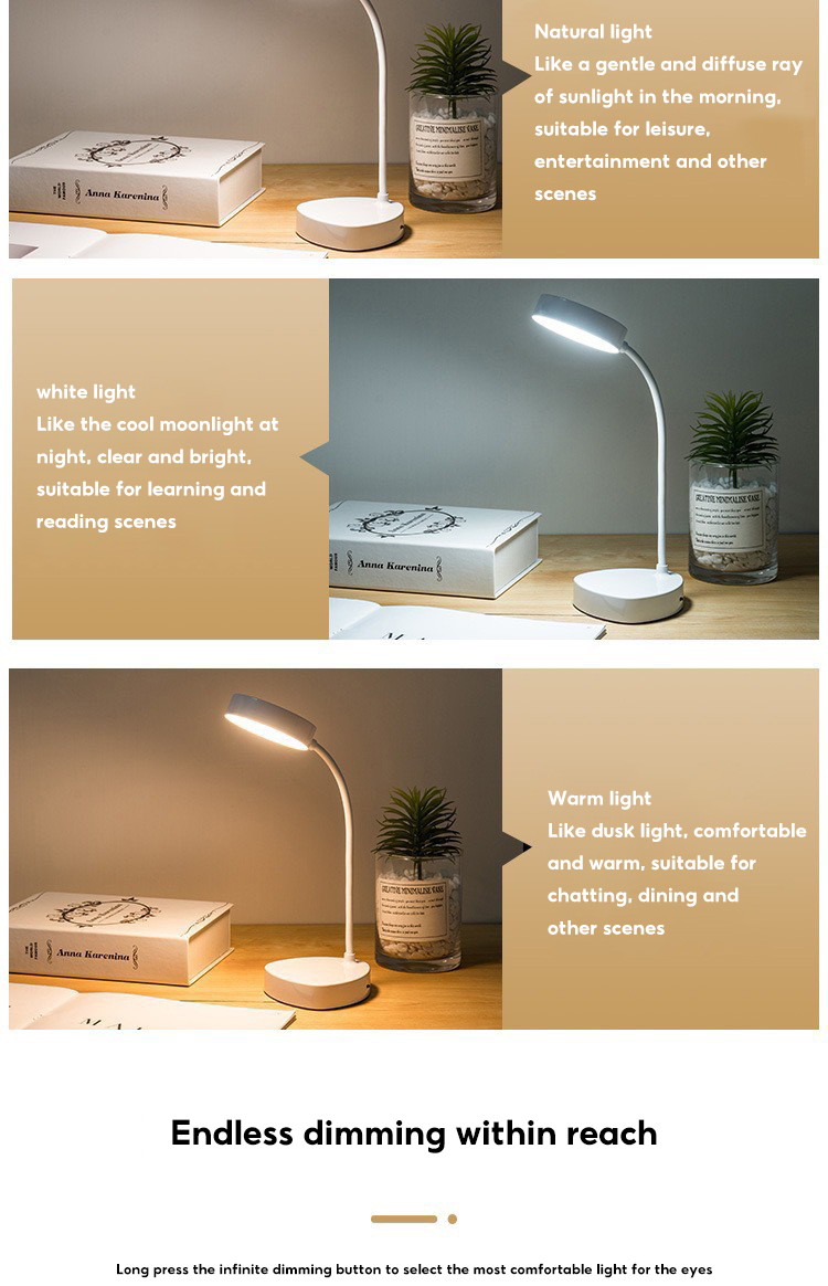 LED Table Lamp Rechargeable Dimmable Three Color Touch Dimming Desk ...