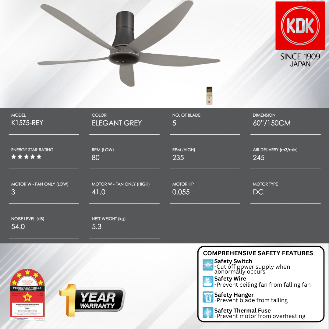 KDK K15Z5-REY/K15Z5-QEY Long Pipe/Short pipe CeilingFan with ...