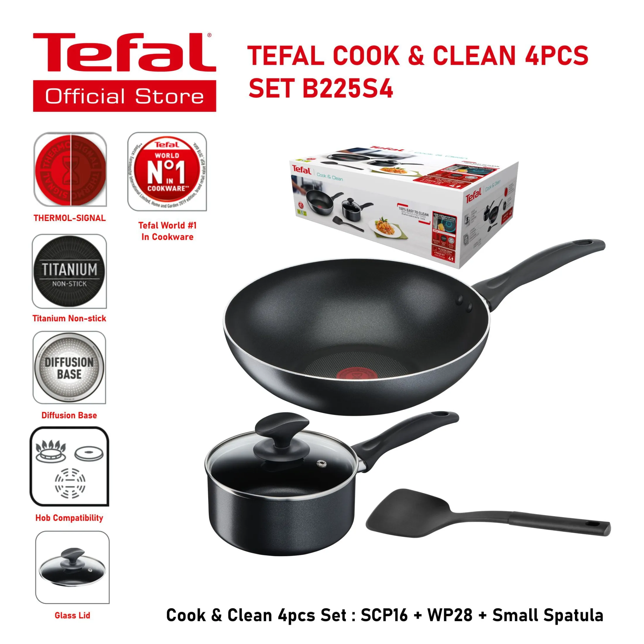 TEFAL Cookware Cook and Clean Set 4PCS Frypan 28 cm and Pot With Lid 16 cm B225S4 | Shopee Malaysia