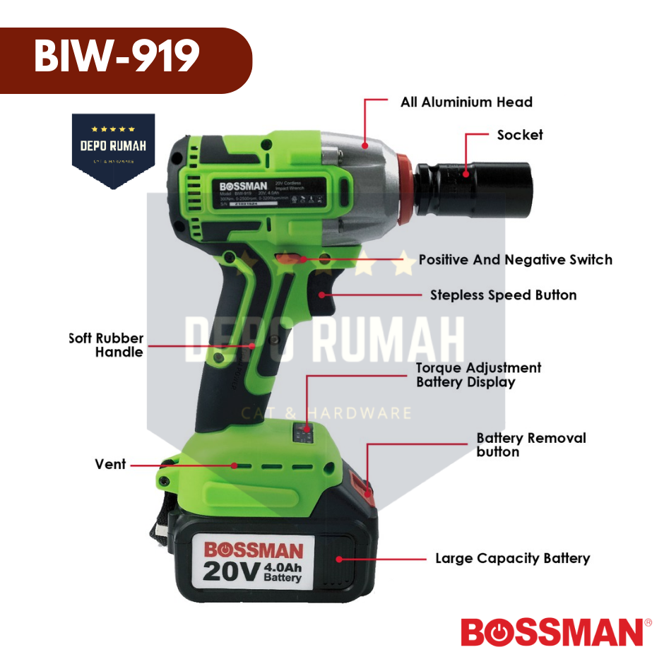 BOSSMAN BIW-919 20V CORDLESS IMPACT DRIVER ( BIW - 919 ) IMPACT WRENCH ...