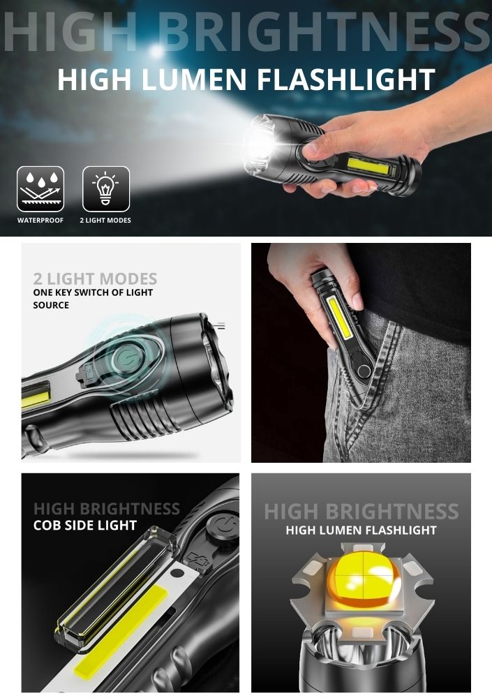 RECHARGEABLE LED Flashlight with COB Work Light Waterproof Flashlight ...