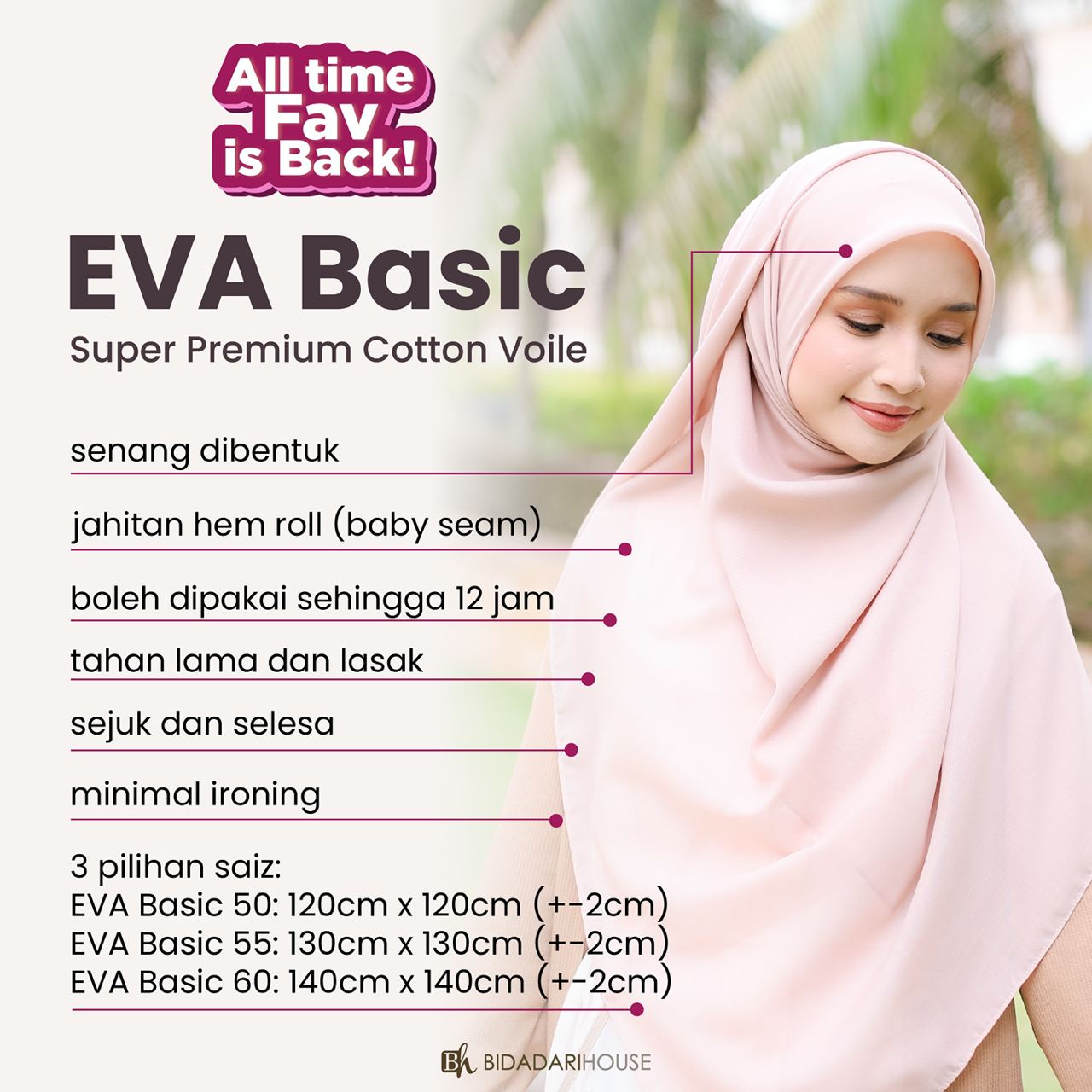 Bidadarihouse Eva Basic 140cm (Bidang 60) Tudung Bawal Super Premium Cotton Voile Sedondon ...