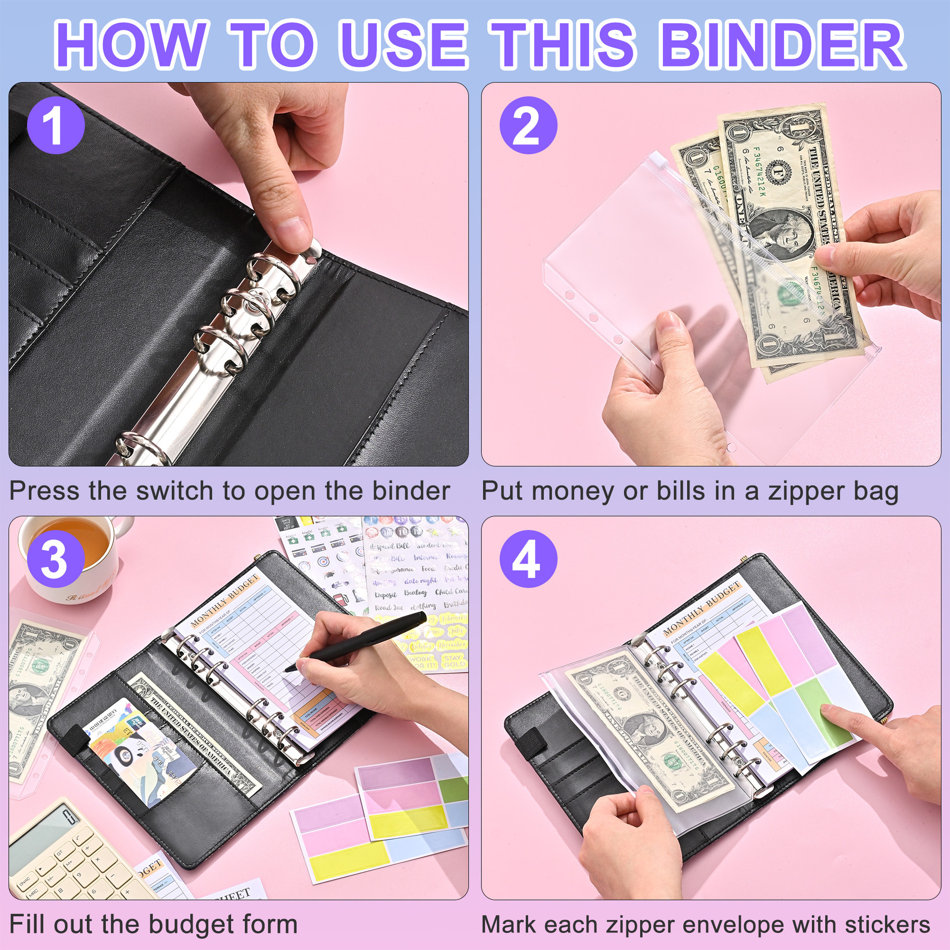 A6 PU Mandala Cash Budget Planner 6Ring Binder Zipper Folder Storage ...