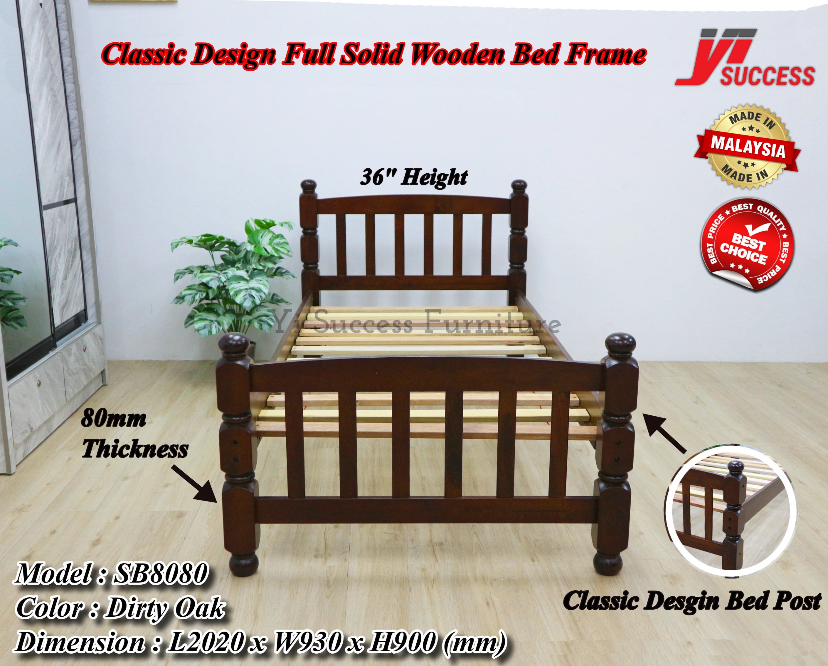 Yi Success Classic Design Full Solid Wooden Single Bed Frame / Solid Rubber Wood Single Bed ...