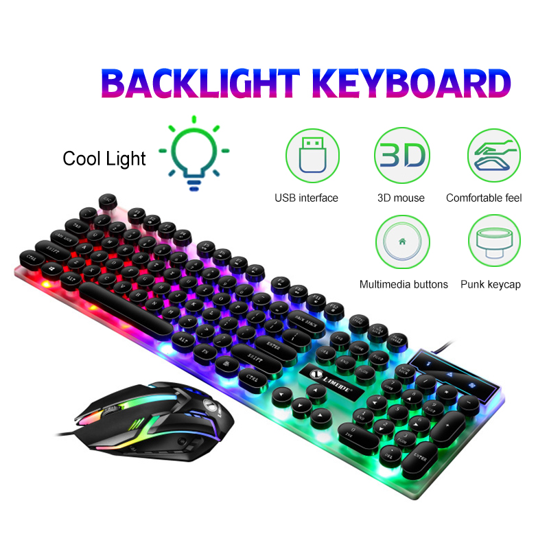 Mechanical Wireless Keyboard and Mouse Set Rainbow RGB Colour LED Light ...