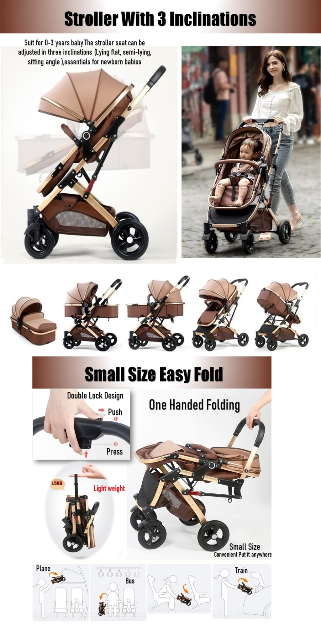 Lightweight 2 Way Foldable Baby Stroller Newborn & Toddler High View Shock-Absorbing Carriage ...