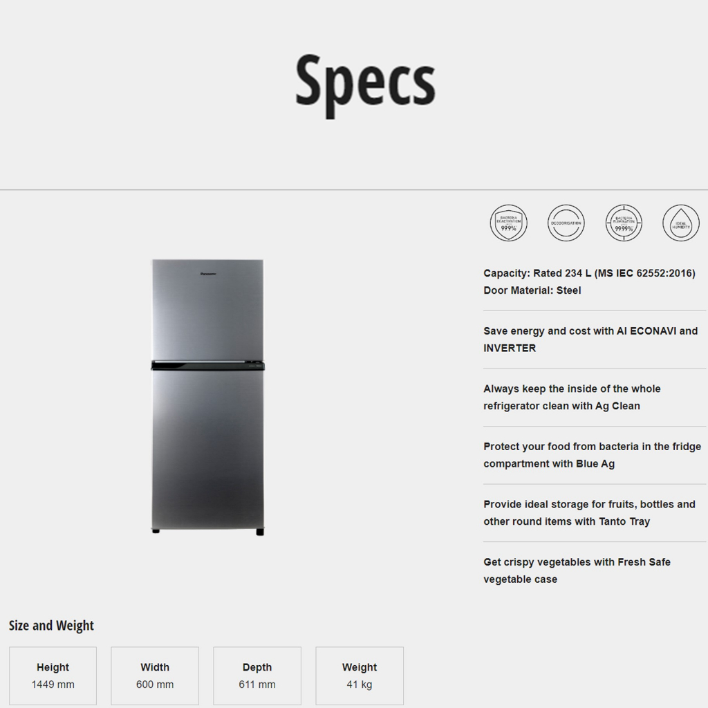 PANASONIC 262L 2-Door Top Freezer Refrigerator Fridge inverter NR ...