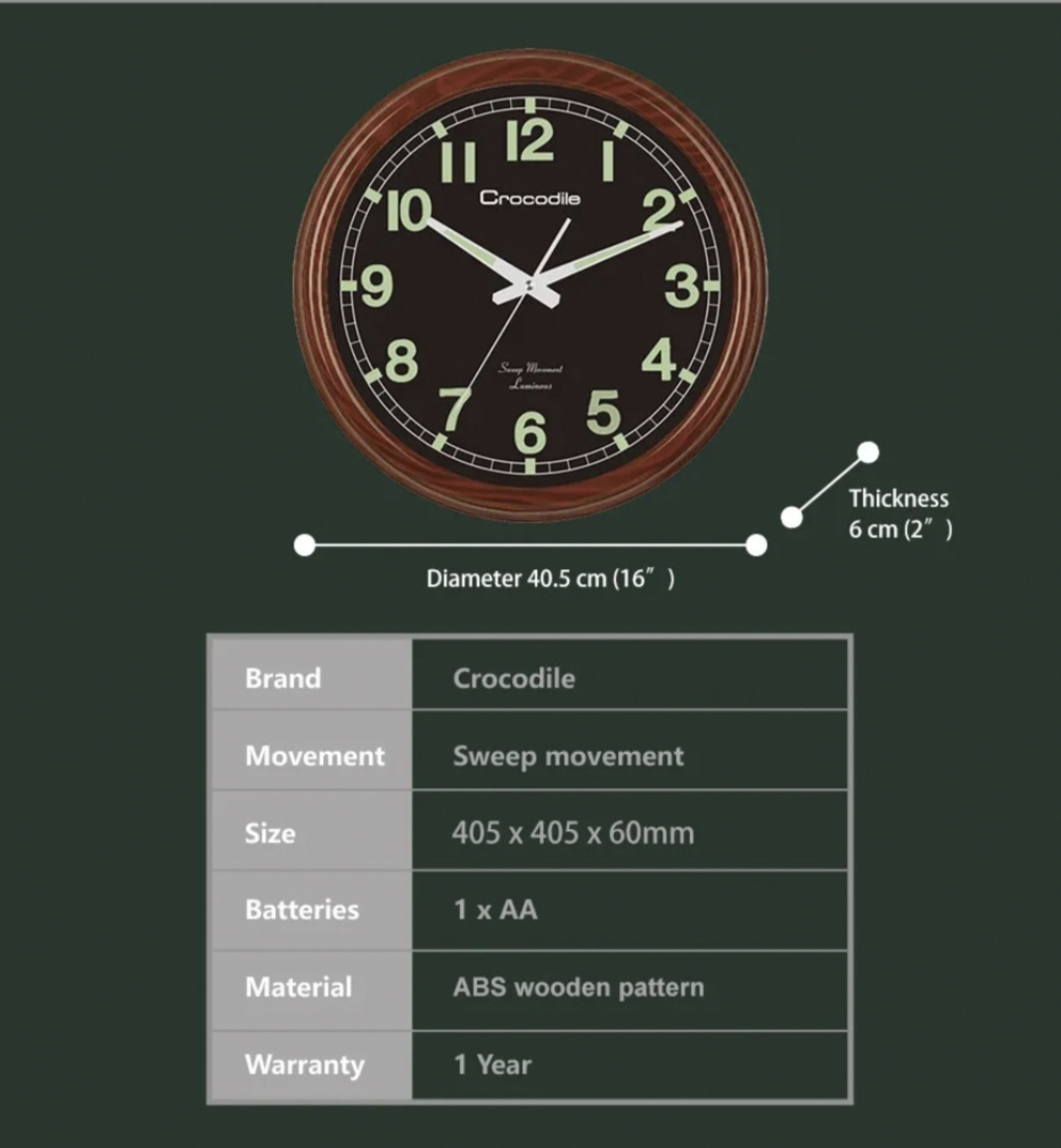 100% ORIGINAL Crocodile Quite Sweep Luminous Analogue Wall Clock CW8917 ...