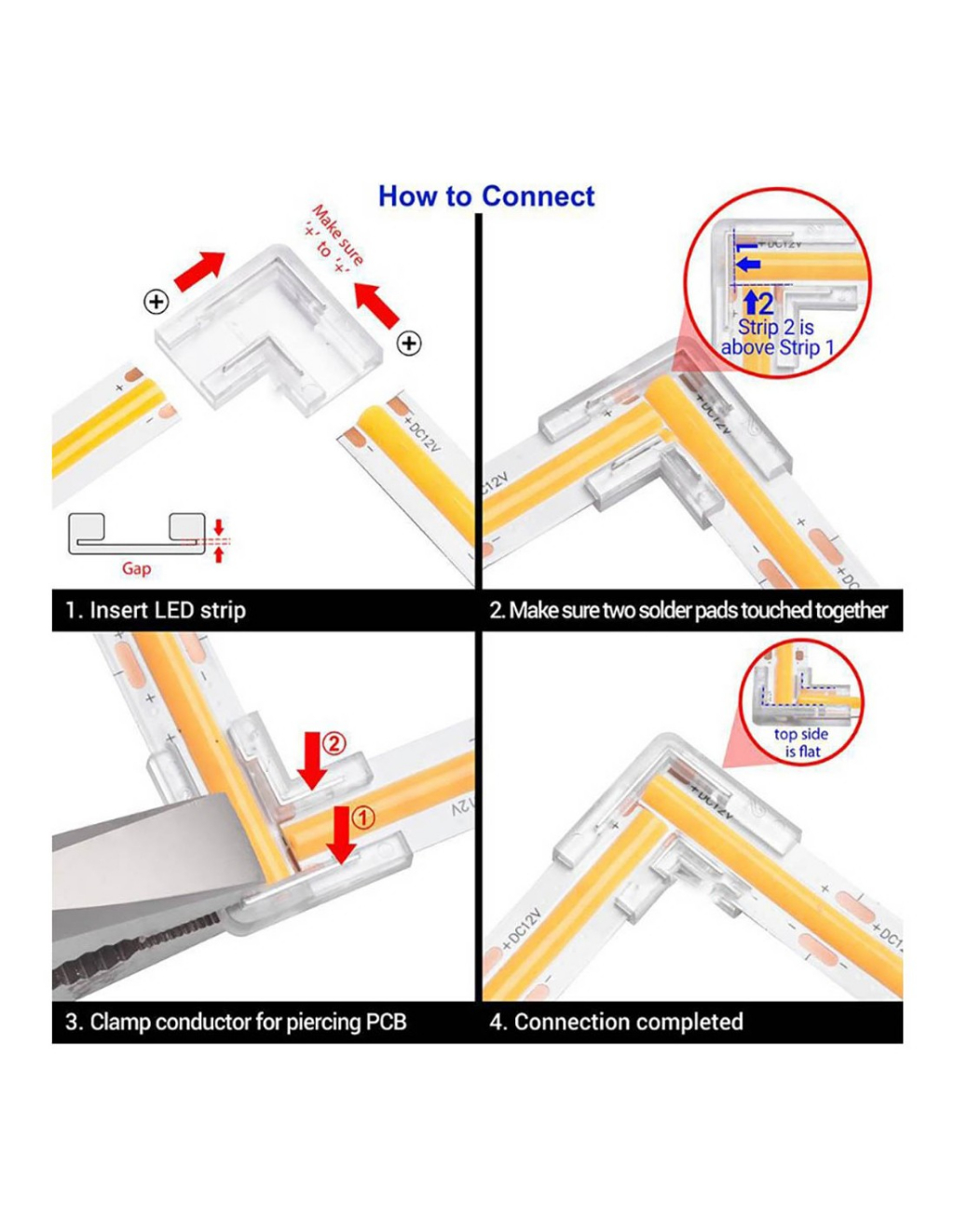 SMD 2835 / SMD 5050 / COB LED Strip Light Clip Connector Solderless 2 Pin 4 Pin RGB Single ...