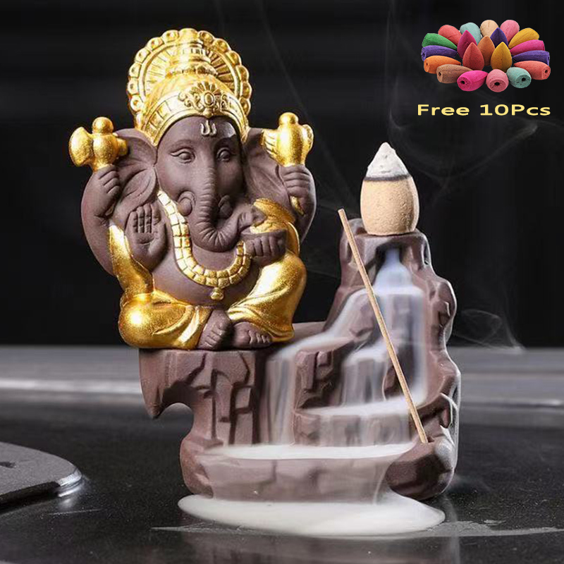 💝品香馆💝 Ganesha Backflow Incense Burner Ceramic Elephant Waterfall ...