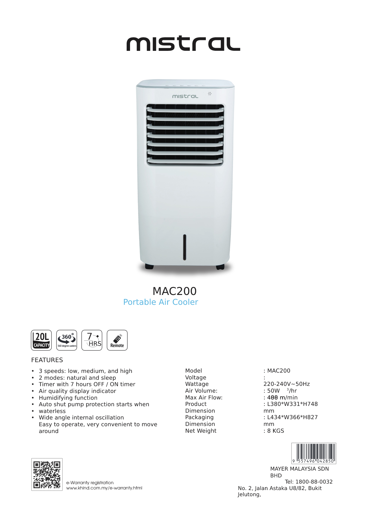 Khind Mistral 20L Air Cooler With Remote Control | MAC200 (Air Cooler Fan Penyejuk Udara Kipas ...