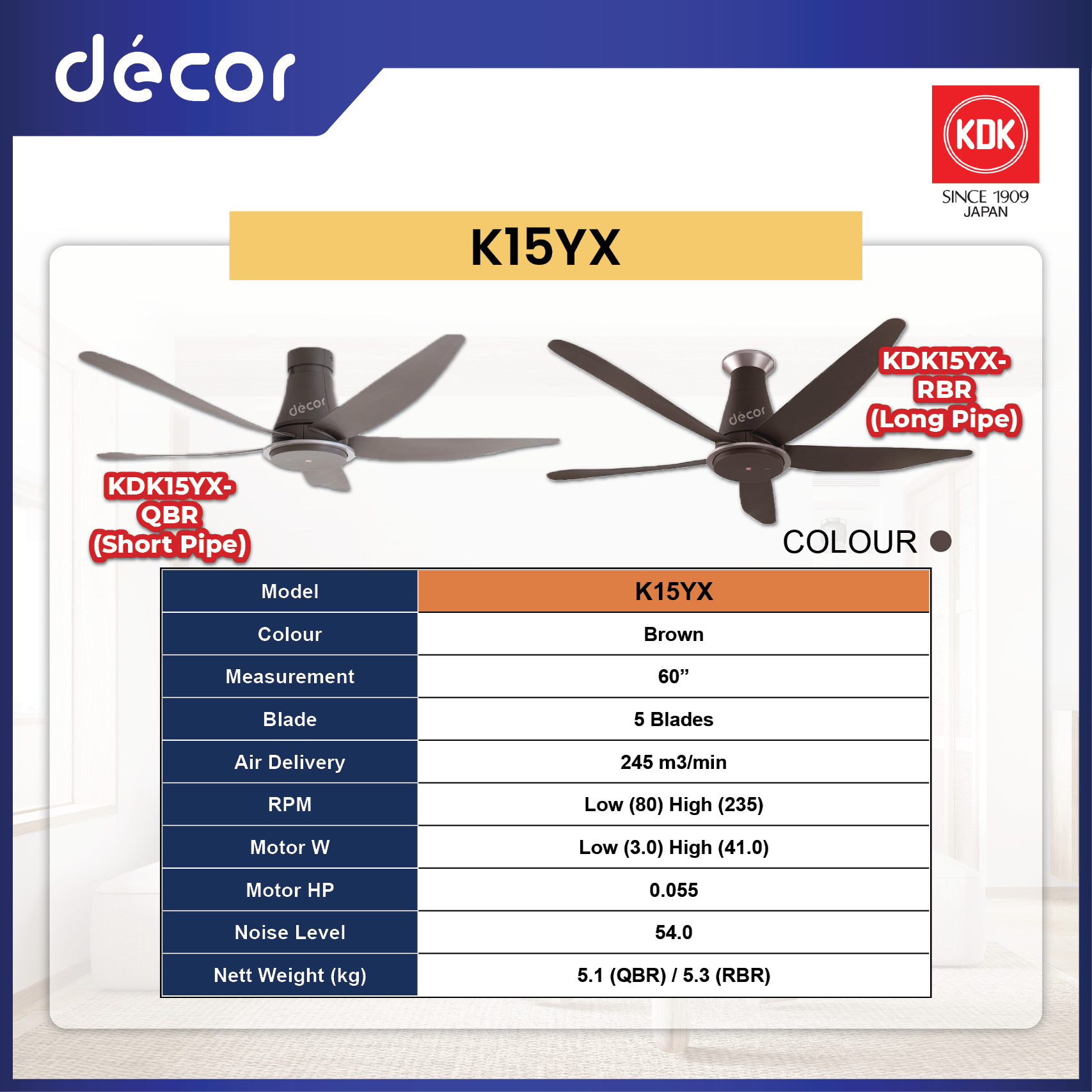 KDK K15YX-QBR K15YX-RBR 60" 5 Blades with 9 Speed DC Motor Remote ...