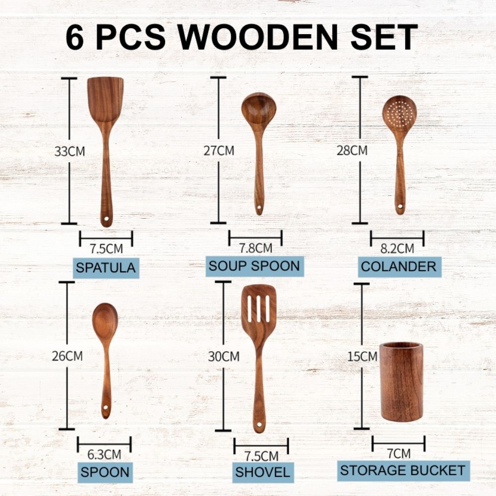 BEST4U 6pcs Wooden Kitchen Utensils Set | Teak Wood Spatula Set ...
