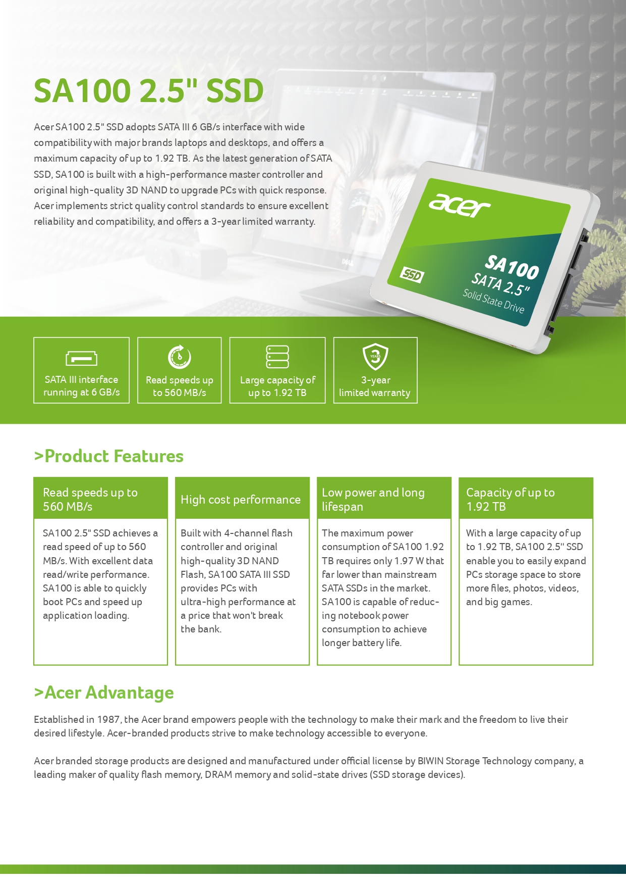 ACER SA100 2.5" SATA lll SSD (120GB/240GB/480GB/960GB/1960GB) | Shopee ...