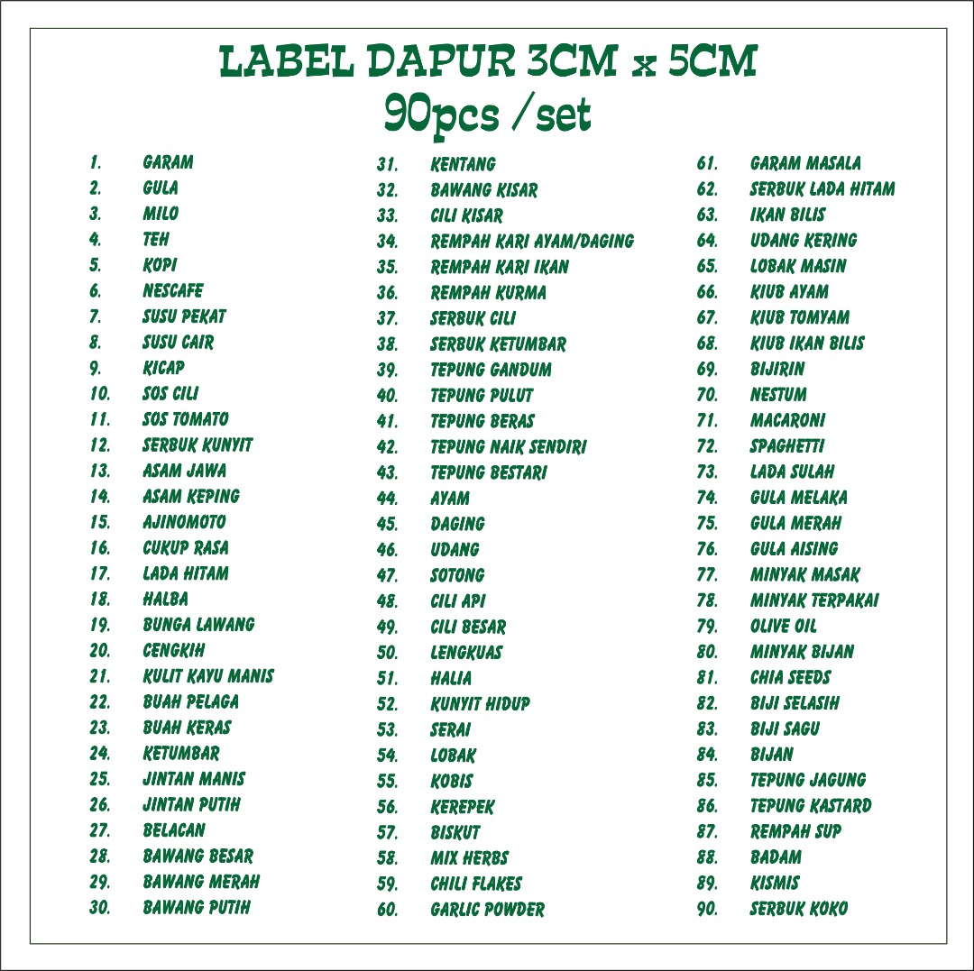 Sticker Dapur Label Dapur Waterproof Saiz 3cm x 5cm 90pcs Readymade ...