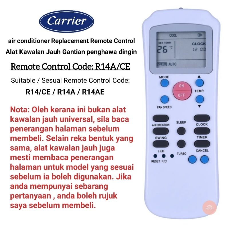 Carrier air conditioner Replacement Remote Control R14A/CE, R14A ...