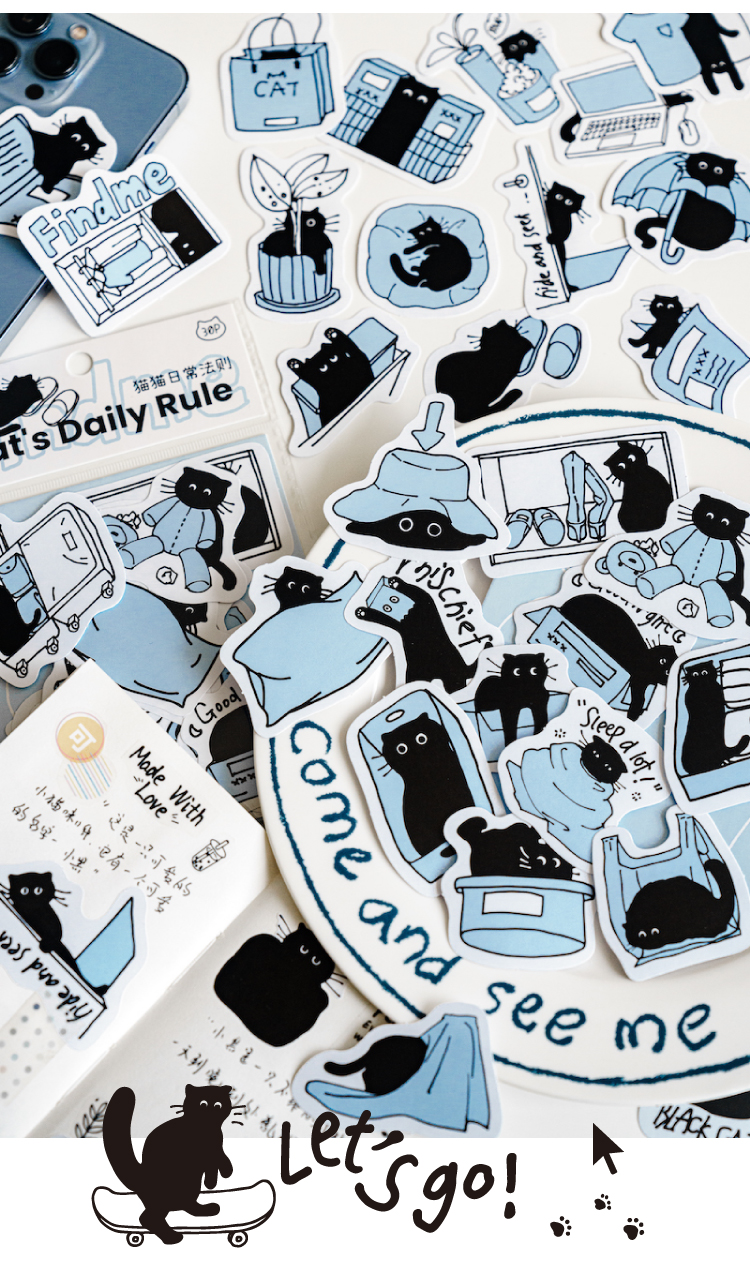 INS Comics Style Cute Black Cat Series Cat's Daily Rule Deco Stickers ...