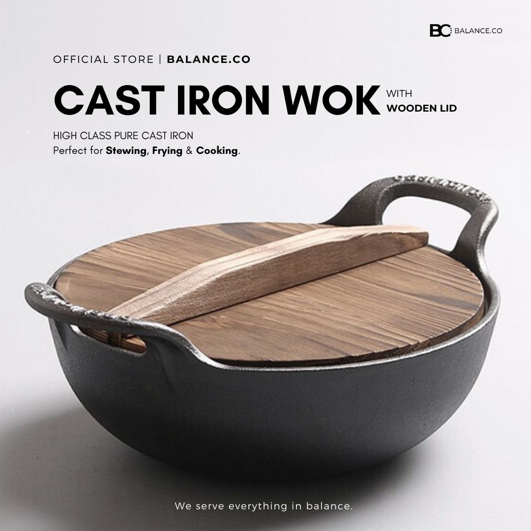 Balance.co Pure Cast Iron Ingot Wok with Wooden Lid Uncoated, Non-Stick ...