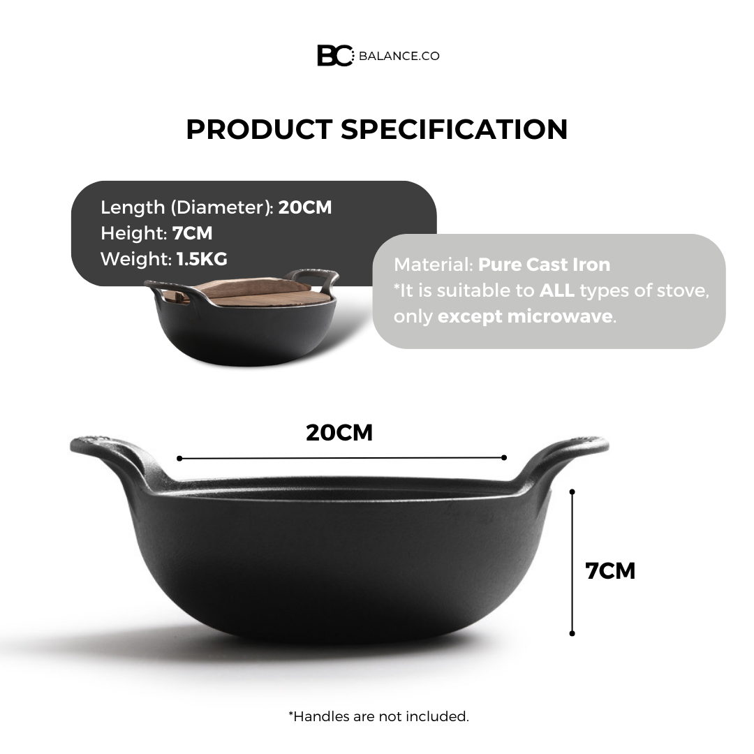 Balance.co Pure Cast Iron Ingot Wok with Wooden Lid Uncoated, Non-Stick ...