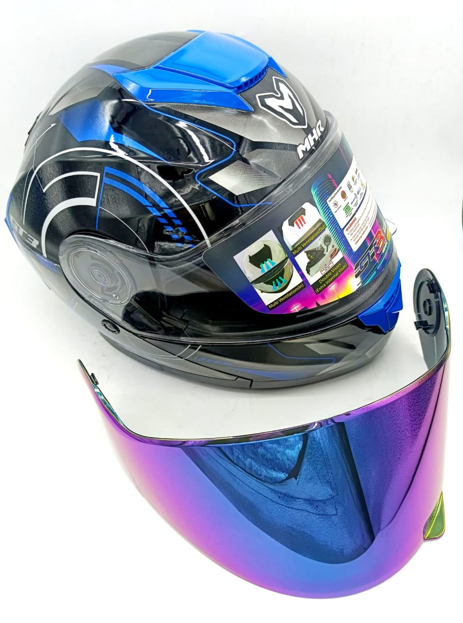 MHR Racing Full Face Helmet Flip Up Double Visor FU926 Black Blue R15 ...