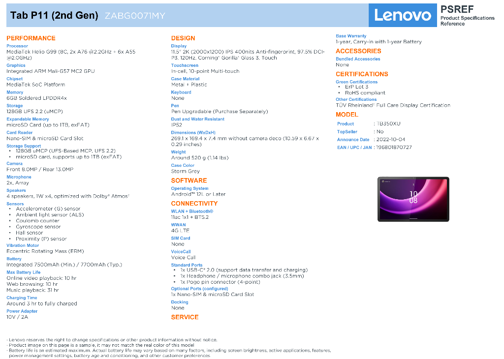 Lenovo Tablet P11 Gen 2 (6GB/128GB/11.5") [Free Keyboard & Pen ...