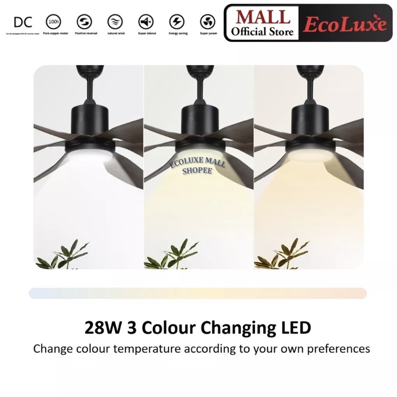 ECOLUXE ECO-645 66" DC Motor Ceiling Fan with LED Light 6 Speeds Remote ...