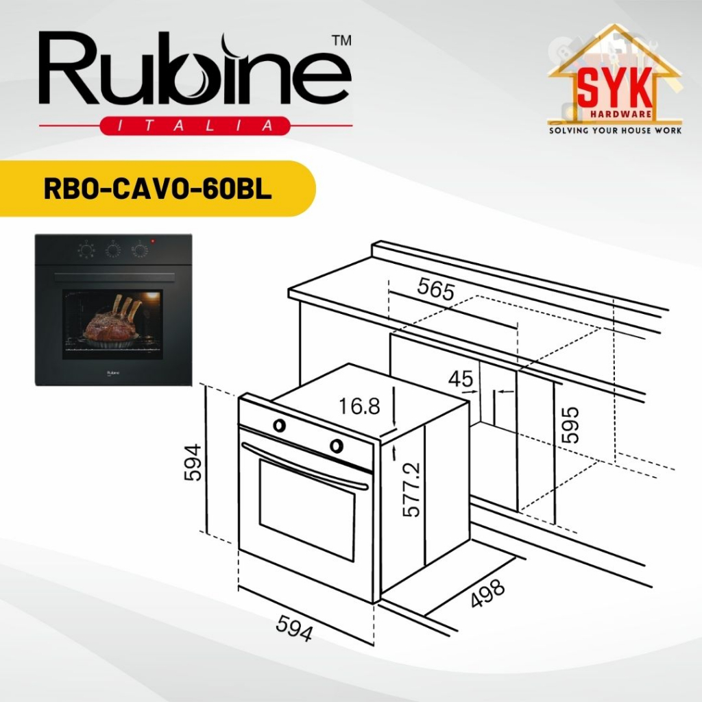 SYK Free Shipping Rubine RBO-CAVO-60BL Build In Oven 60 Liters Electric Oven RMO-OREO-28BL Grill ...
