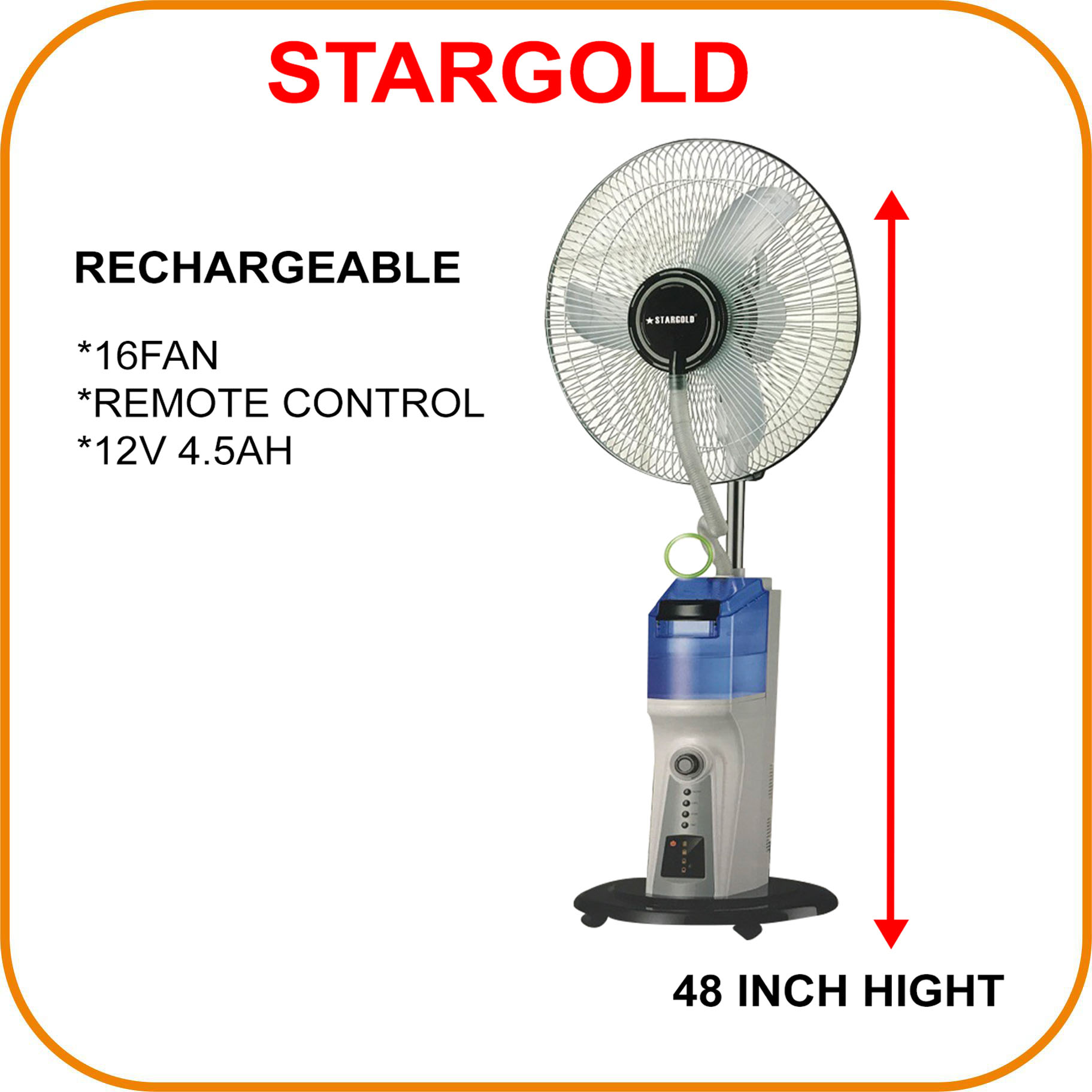 Stargold Rechargeable Oscillating Water Mist Fan SG-4037 with Remote ...