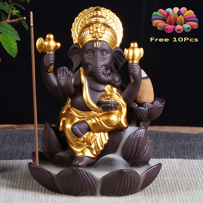💝品香馆💝 Ganesha Backflow Incense Burner Ceramic Elephant Waterfall ...