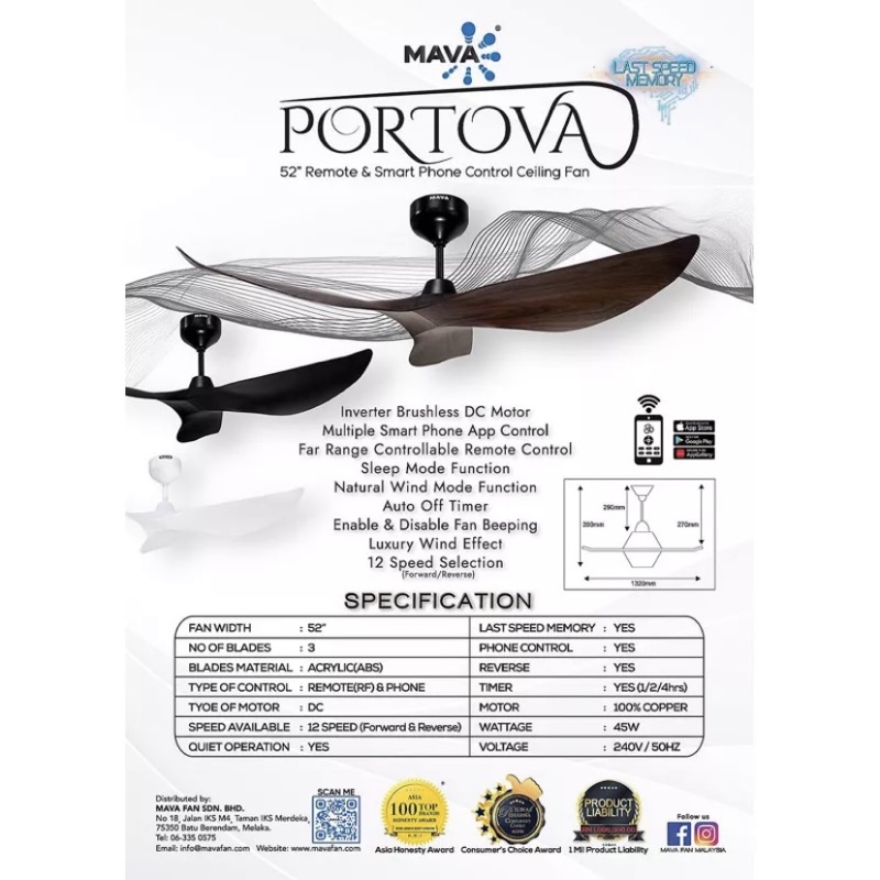 MAVA PORTOVA 54” DC Motor 3Blade Remote Control Ceiling Fan/ Kipas ...