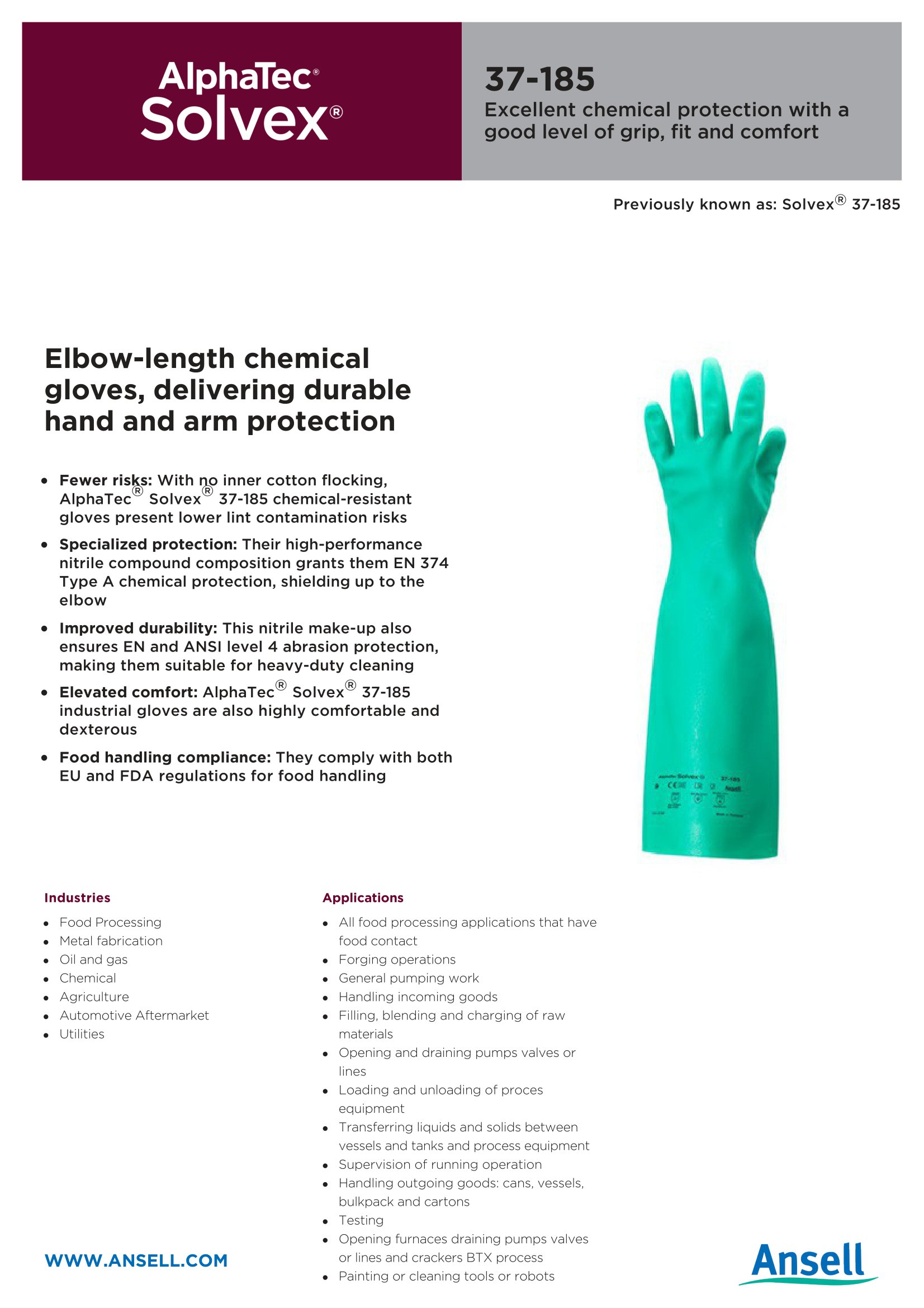 Ansell AlphaTec Solvex 37-185 Elbow Length Chemical Glove/ Nitrile ...