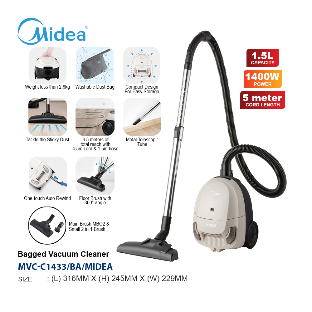 Midea Bagged Canister Vacuum Cleaner 1400W MVC-C1433 MVC-C1433BA ...