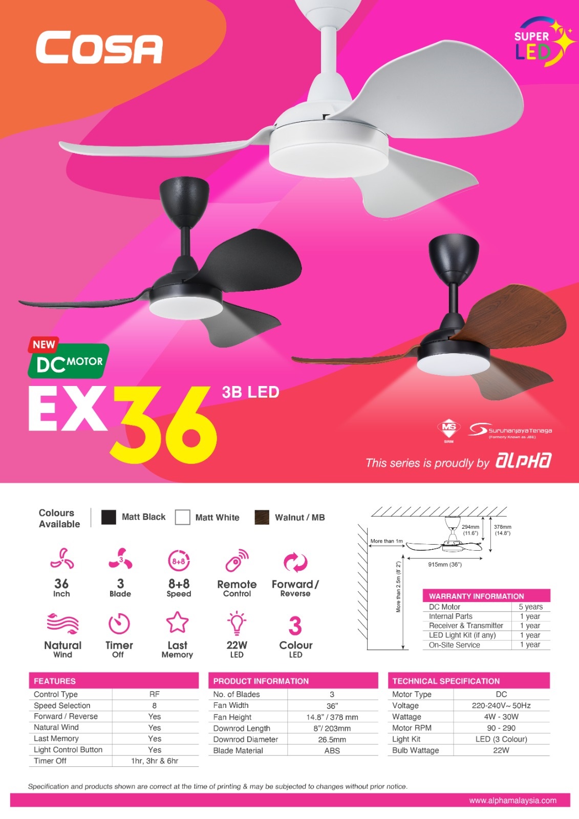 Alpha Cosa EX36 DC Motor Ceiling Fan 3 Blades With LED 36'' 8 Speeds ...