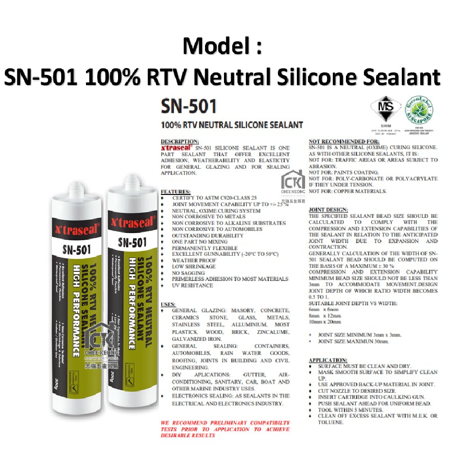X'TRASEAL SN-501 100% RTV Neutral Silicone Sealant Clear White Glass ...