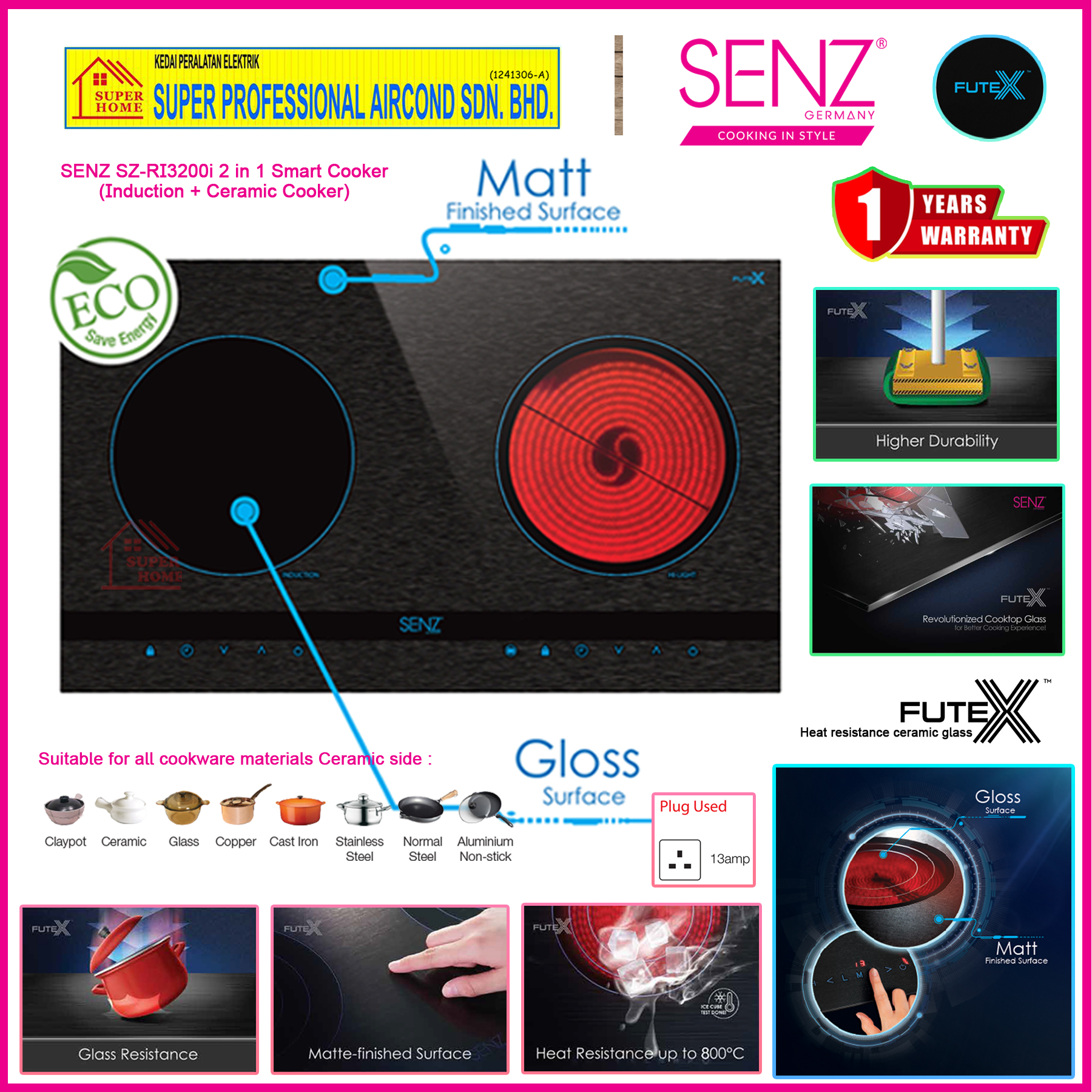 SENZ Ceramic Induction Cooker Hob SZ-Ri3200i 2 in 1 Smart Cooker ((Free ...