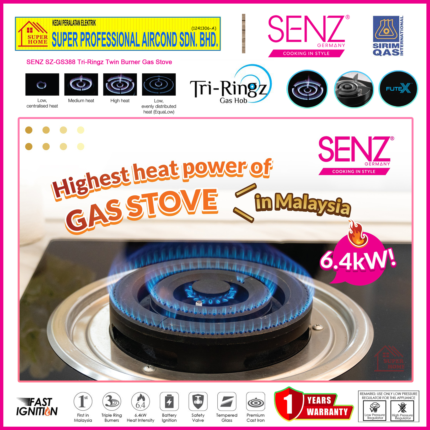 Senz Built-in Hob SZ-GS388Tri-Ringz Twin Burner Gas Stove Safety Device ...